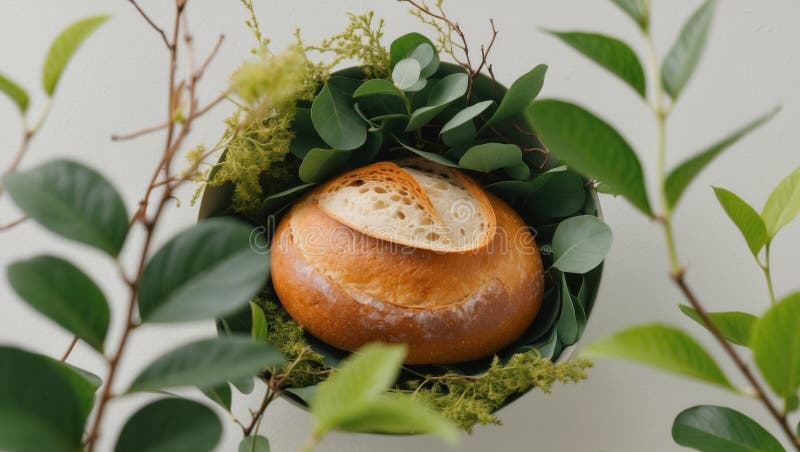 Fresh Bread on Nature Background with Greenery. Stock Photo - Image of ...