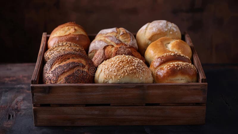 Fresh Bread Rolls Variety Displayed in Wooden Crate, Bakery Freshness ...