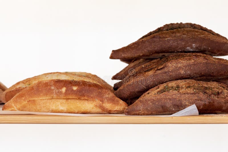Fresh Bread on the Shelf, Cooked Bread Dark and White Stock Photo ...