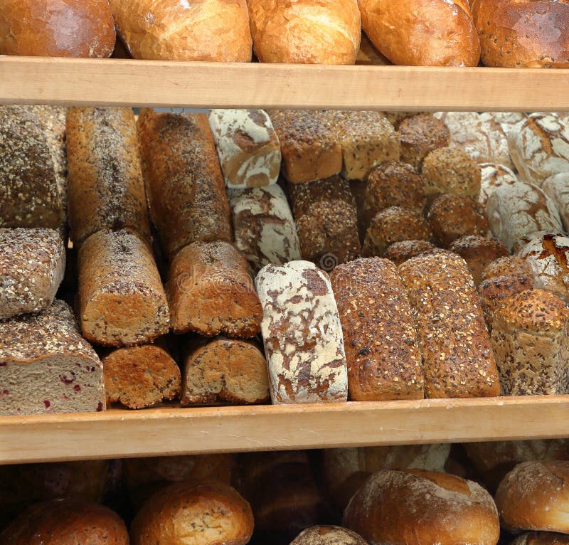 Fresh Bread on Shelves in a Bakery Store Stock Photo - Image of food ...