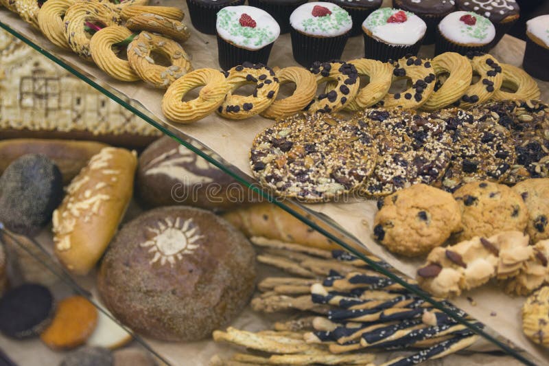 Fresh Bread and Various Buns on the Display Stock Photo - Image of ...