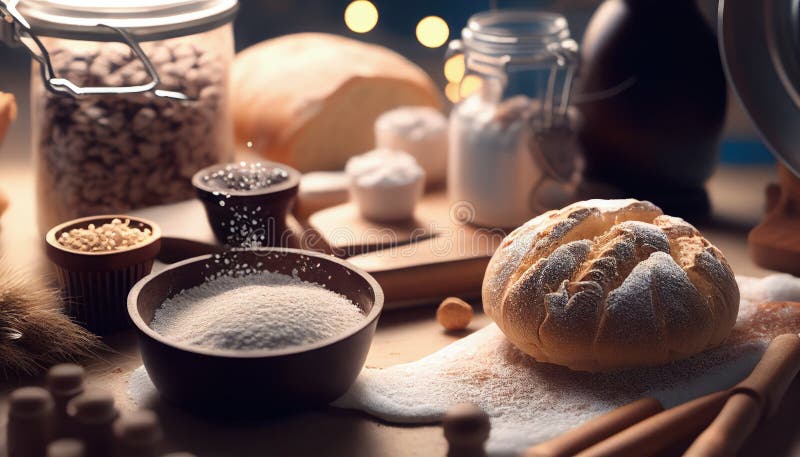 Fresh Bread with Wheat Ears and a Bowl of Flour and Other Elements of ...