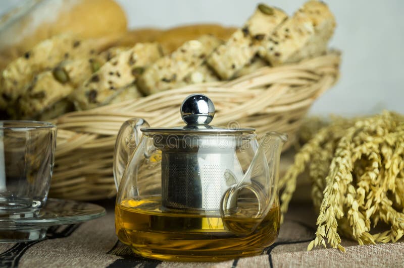 Fresh Bread and Wheat with Tea. Stock Image - Image of french, grains ...