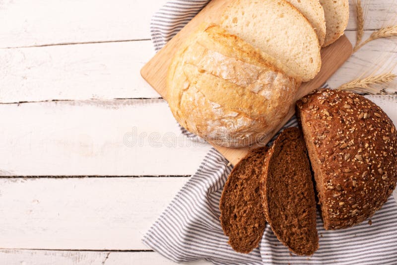 Fresh Bread on Wooden Table. Top View with Space for Your Text Stock ...