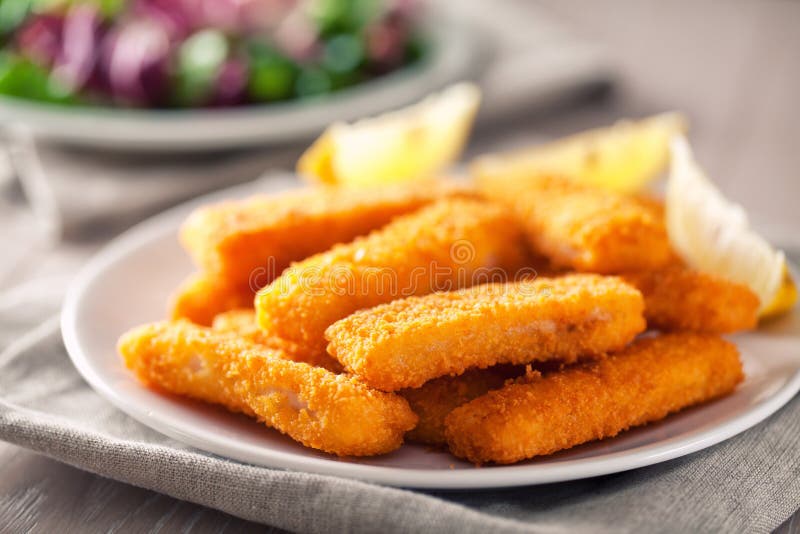 Fresh Breaded Fish Fingers Served with Mixed Salad. Stock Image - Image ...