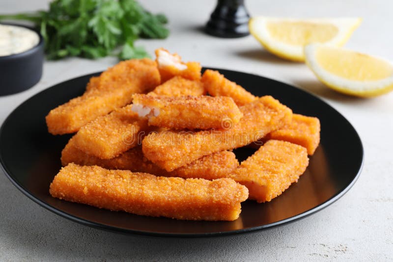 Fresh Breaded Fish Fingers Served on White Table Stock Photo - Image of ...