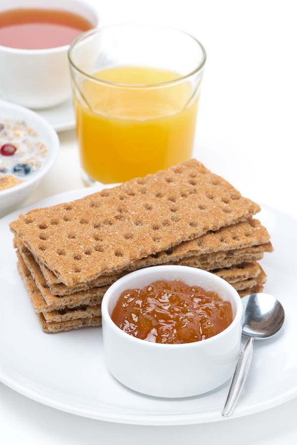 Fresh Breakfast - Crisp Bread with Jam, Orange Juice, Tea Stock Photo ...