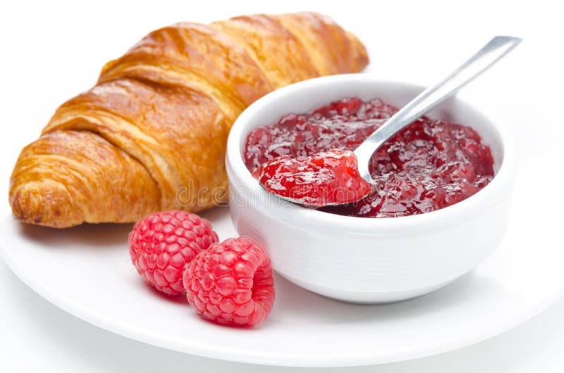 Fresh Breakfast - Raspberry Jam and Croissant on a Plate Stock Photo ...