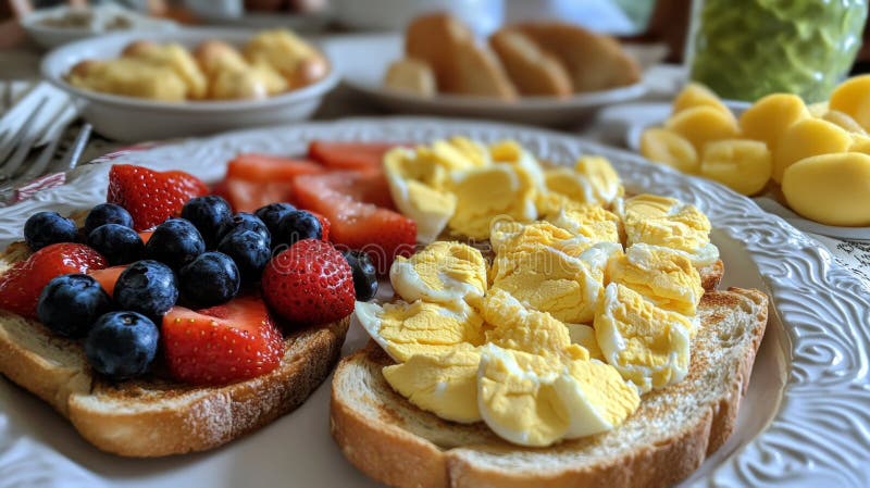 Fresh Breakfast Spread with Eggs, Toast, and Mixed Fruits Stock ...