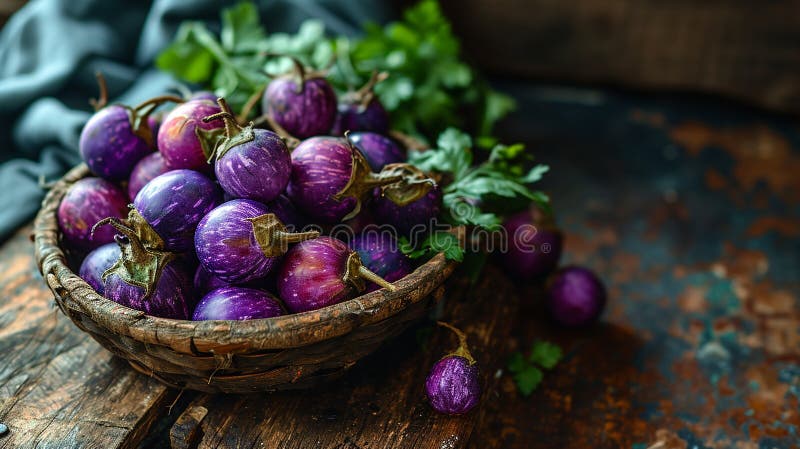 Fresh brinjal on basket stock illustration. Illustration of leaves ...