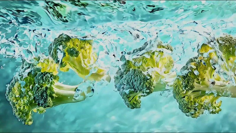 Fresh Broccoli Florets Falling into Water Creating Air Bubbles Stock ...