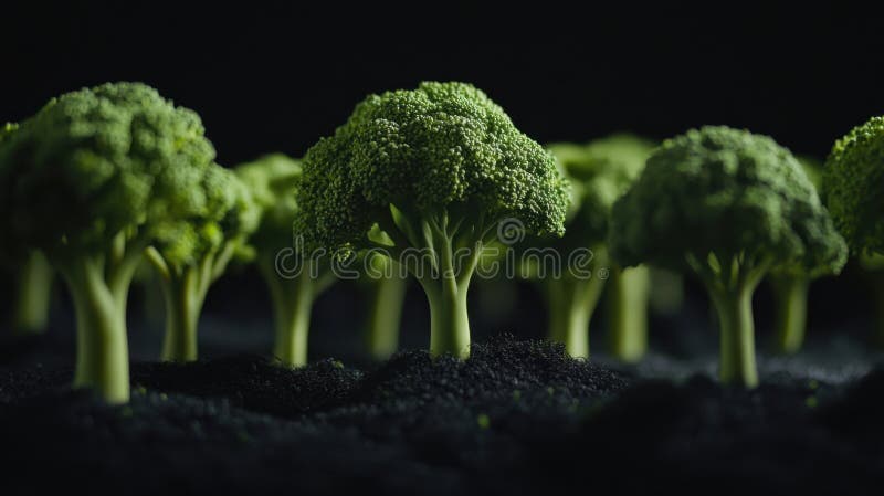 Fresh Broccoli Florets Resembling Small Trees on a Black Background ...