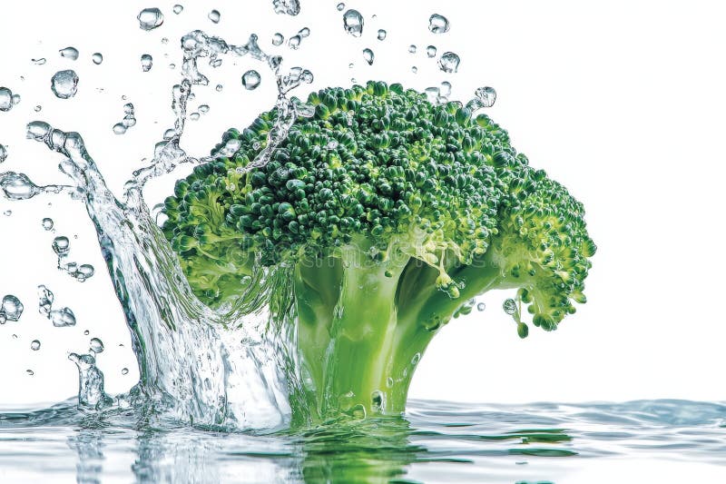 Fresh Broccoli Head Splashing into Clear Water on a White Background ...
