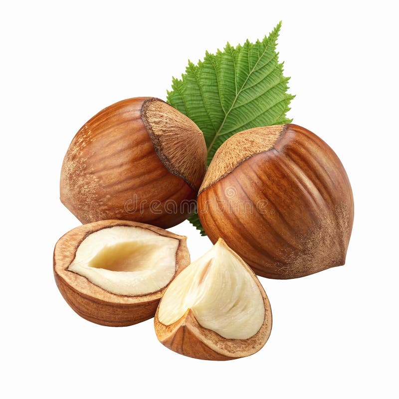 Fresh Brown Hazelnuts with Green Leaf and Split Shells on White ...