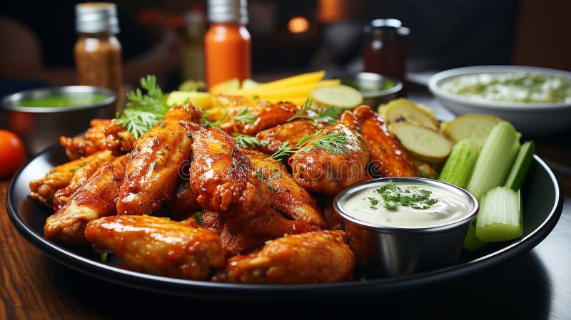 Fresh Buffalo Chicken Wings with Savory Dip Appetizer Stock Photo ...