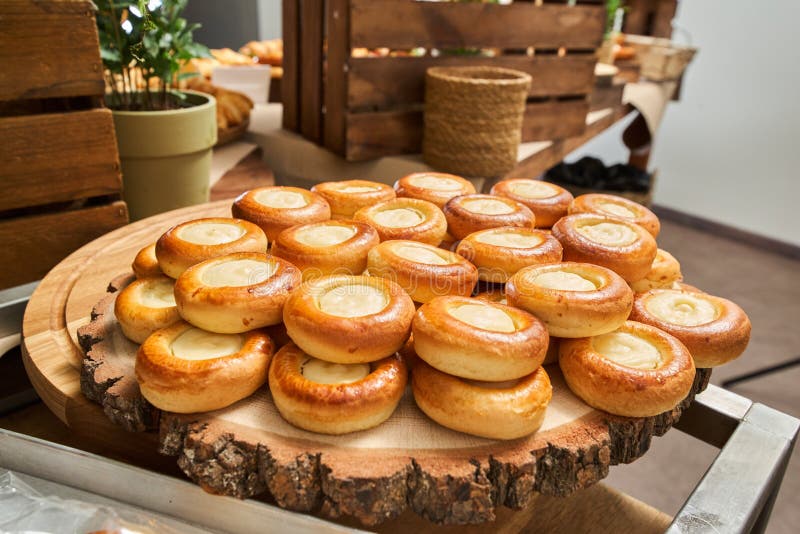Fresh Bun with Curd Pastry on the Table, Fresh Curd Pastry on a Tray ...