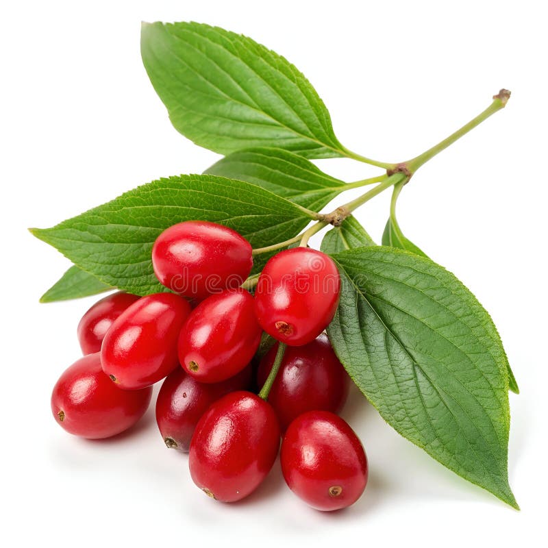 Fresh Bunch of Red Cornel Berries with Green Leaves Isolated on White ...
