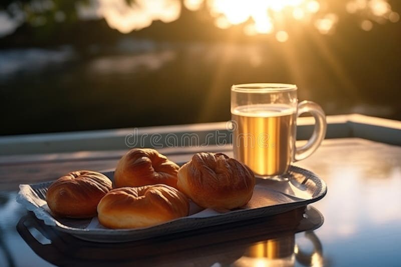 Fresh Buns on a Tray and a Mug of Tea in the Morning Sun. Breakfast in ...