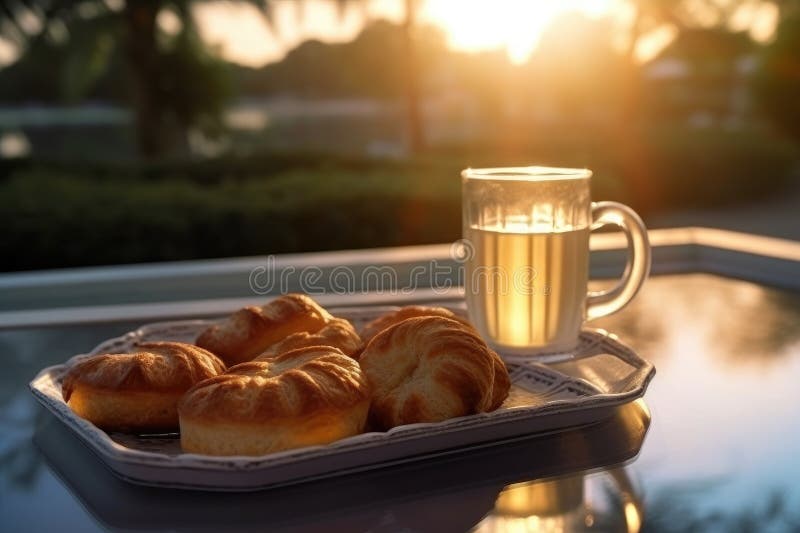 Fresh Buns on a Tray and a Mug of Tea in the Morning Sun. Breakfast in ...