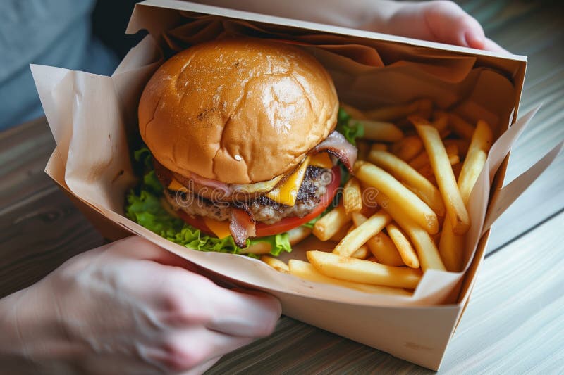 Fresh Burger and Fries in Takeout Box, Persons Hands on Sides Stock ...