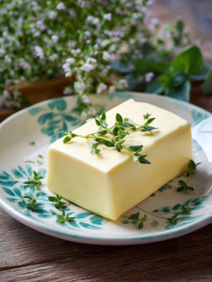 Fresh Butter Slab Garnished with Herbs on a Ceramic Plate in a Rustic ...