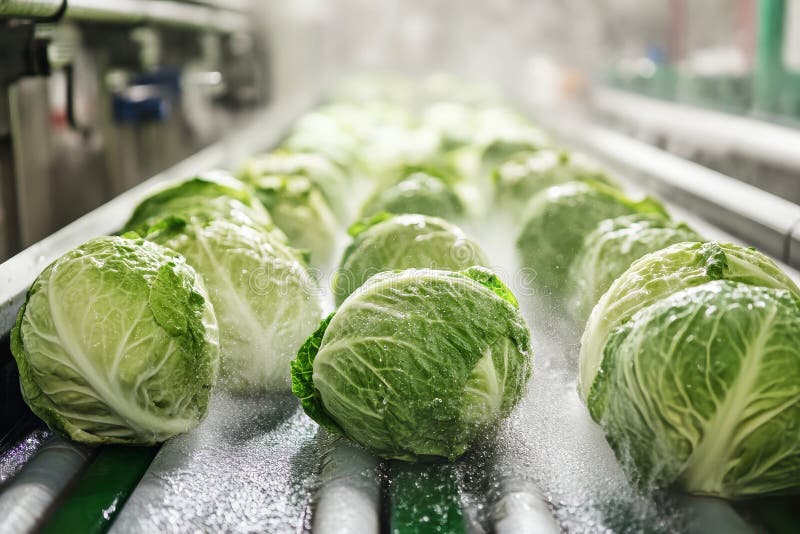Fresh Cabbage Undergoing a Thorough Washing Process on a Conveyor Belt ...