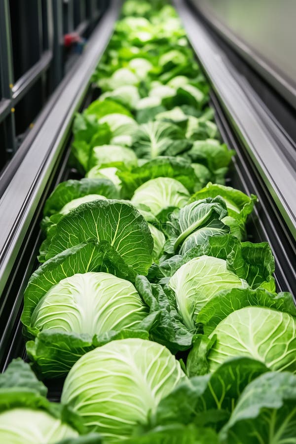 Fresh Cabbages Glide Smoothly Along a Conveyor Belt, Showcasing an ...
