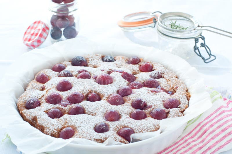 Fresh Cake with Red Grape Season and Icing Sugar Stock Image - Image of ...