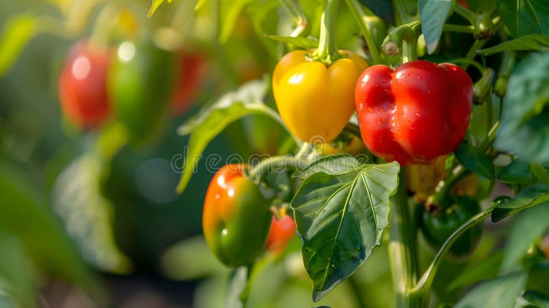 Fresh Capsicum on Tree Branch at Agriculture Field Stock Illustration ...