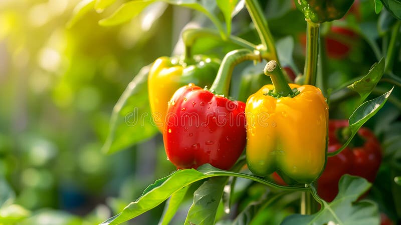 Fresh Capsicum on Tree Branch at Agriculture Field Stock Illustration ...
