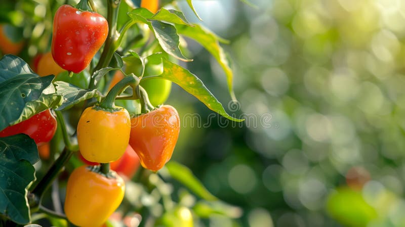 Fresh Capsicum on Tree Branch at Agriculture Field Stock Illustration ...