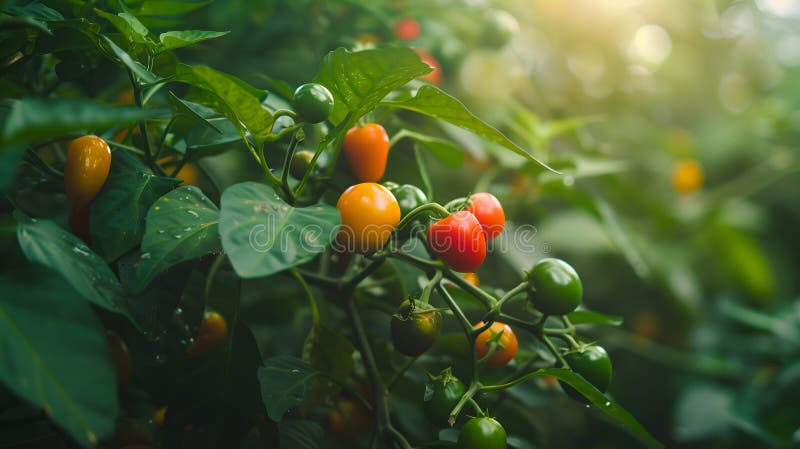 Fresh Capsicum on Tree Branch at Agriculture Field Stock Illustration ...