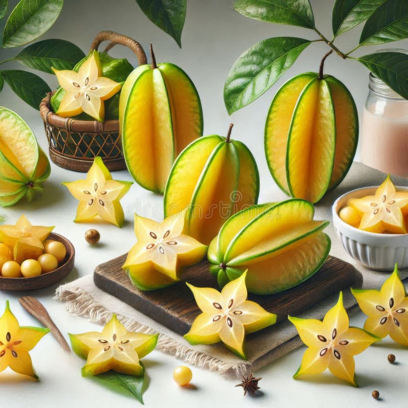 Fresh Carambola Starfruit, Whole and Sliced in Half, on White Backdrop ...