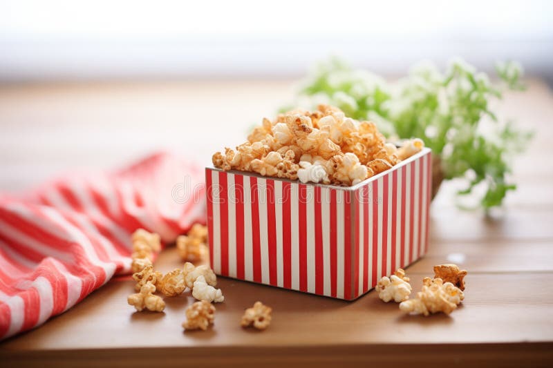 Fresh Caramel Popcorn in a Red and White Striped Box Stock Photo ...