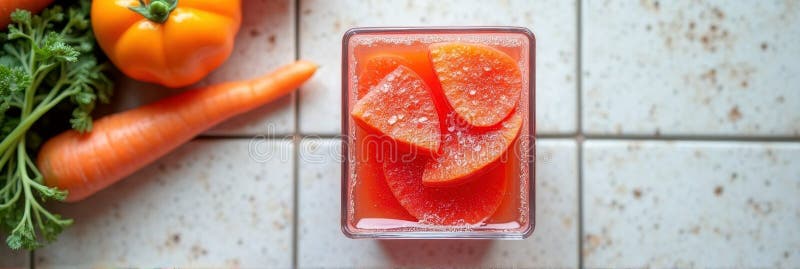 Fresh Carrot and Bell Pepper Juice in Square Glass on Tiled Surface ...