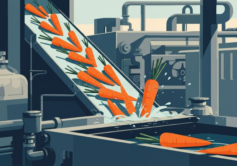 Fresh Carrots Being Processed on a Conveyor Belt in a Factory Setting ...