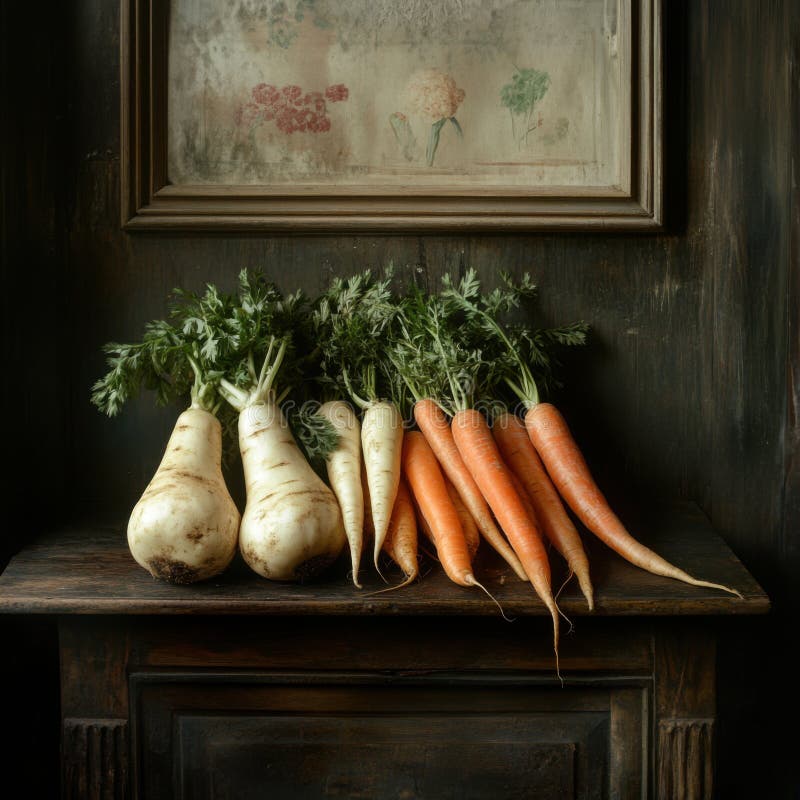 Fresh Carrots and Turnips Displayed in Rustic Kitchen Setting Stock ...