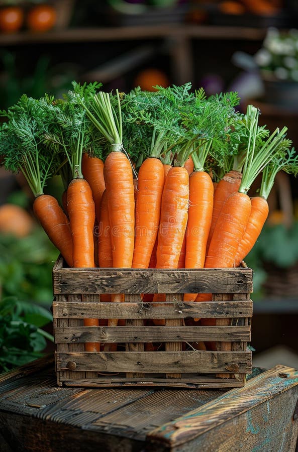 Fresh Carrots in Wooden Box. a Basket with Carrots Sitting on a Wooden ...