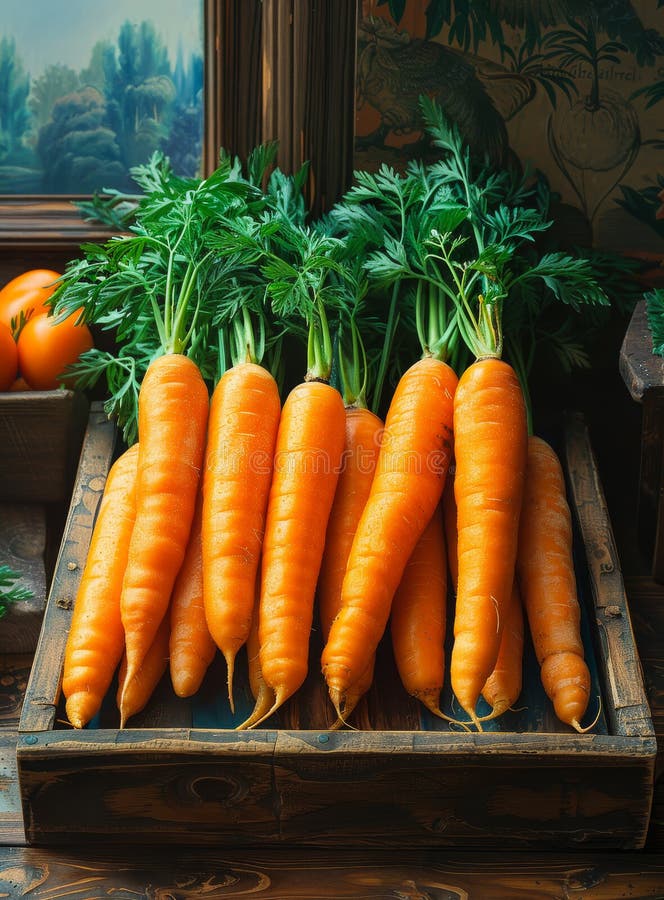 Fresh Carrots in Wooden Box. a Carrots Sitting on a Wooden Table Stock ...