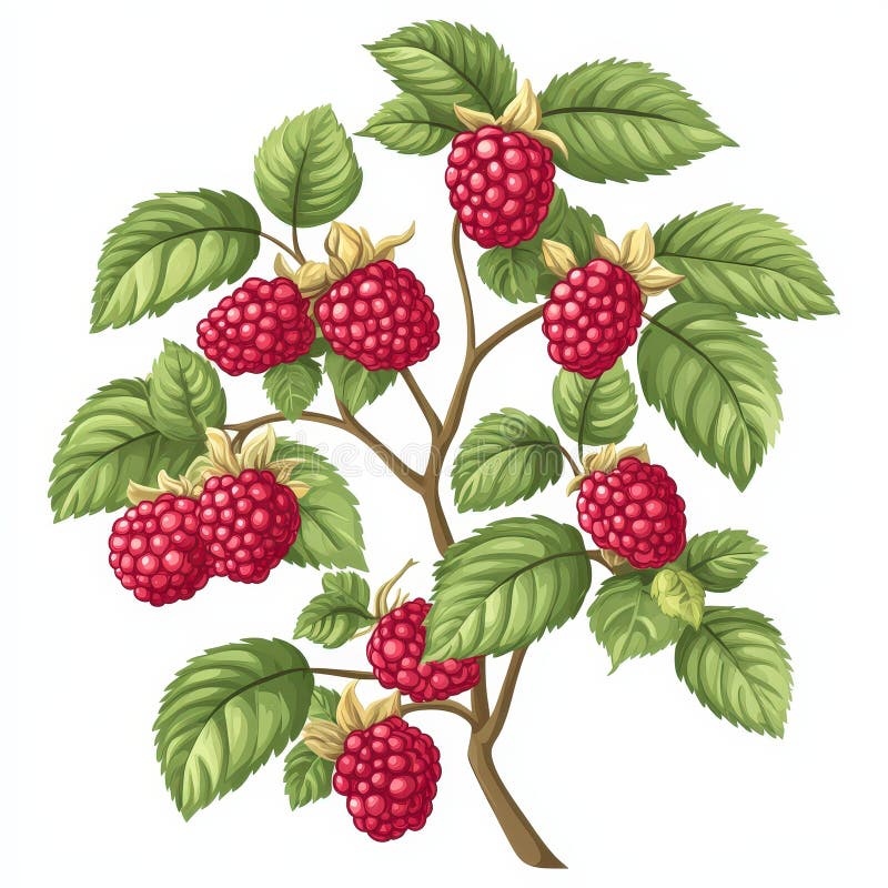 Simple Cartoon Illustration of Raspberry Branches with Leaves and Fruit ...