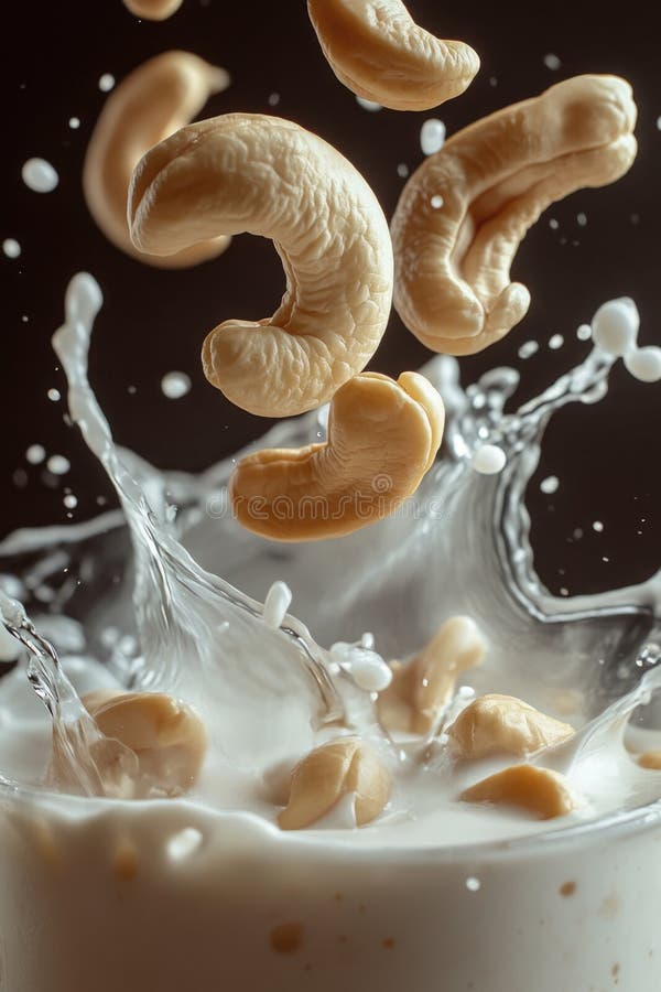 Fresh Cashews Falling into a Glass of Milk Stock Photo - Image of milk ...
