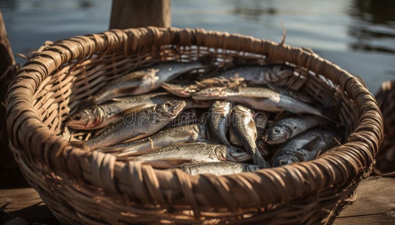 Fresh Catch of Fish in Wicker Basket Generated by AI Stock Image ...
