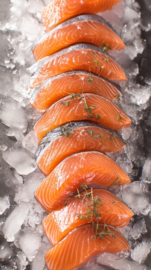 Fresh Catch Salmon Fillets on Ice, Artfully Arranged in the Kitchen ...