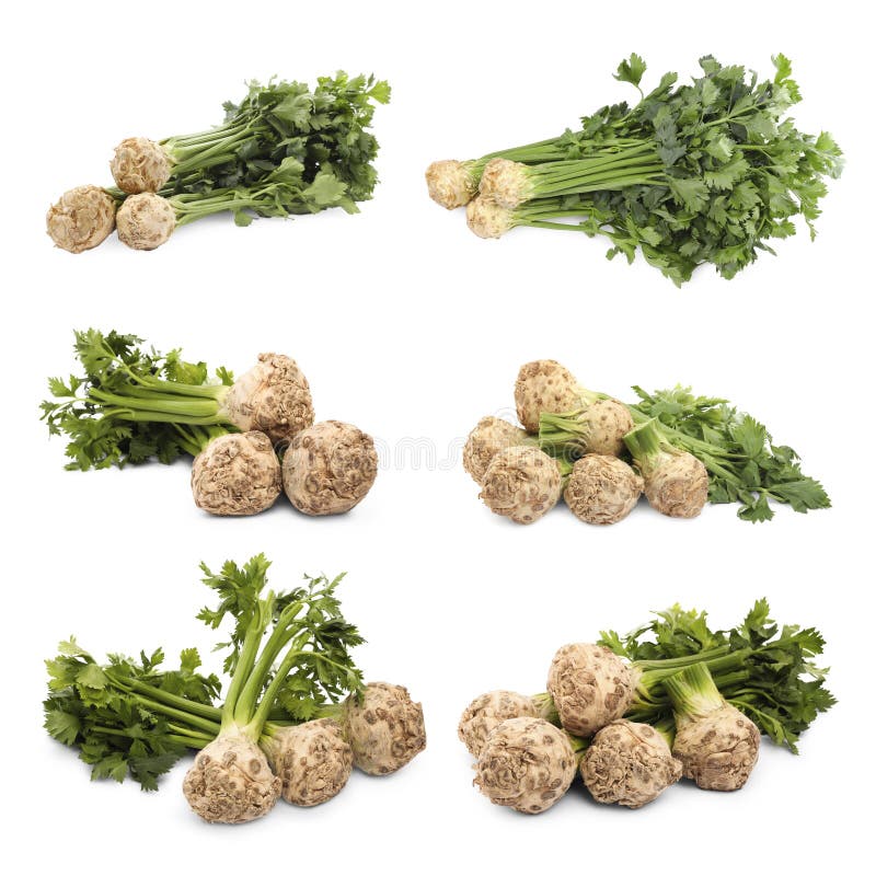 Fresh Celery Roots Isolated on White, Collage Design Stock Image ...