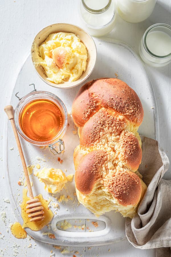 Fresh Challah with Honey and Milk for Breakfast Stock Photo - Image of ...