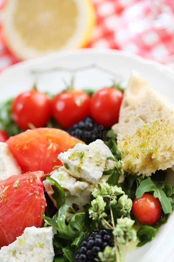Fresh Cheese Salad with Rocket and Berrys Stock Photo - Image of bread ...