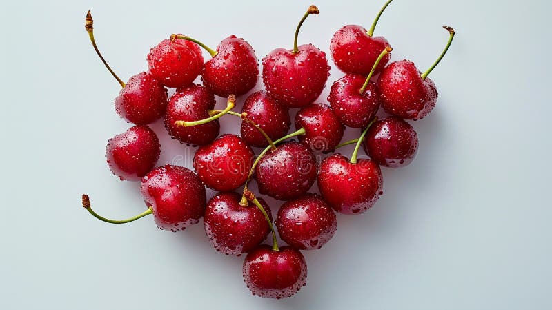 Fresh Cherries Arranged in a Heart Shape with Glistening Water Droplets ...