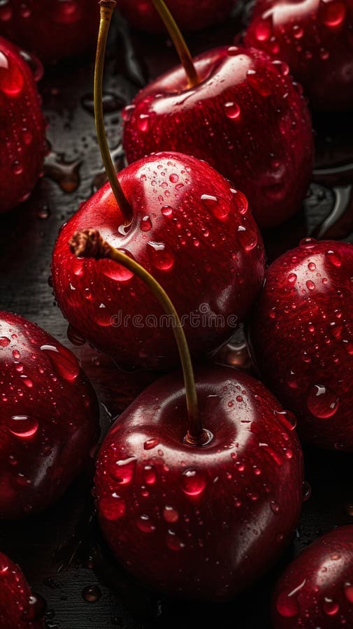 Fresh Cherries Background Concept with Visible Drops of Water ...