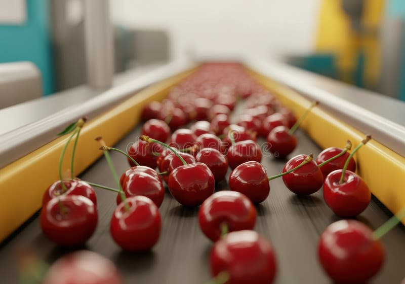 Fresh Cherries on a Conveyor Belt in a Fruit Processing Facility Stock ...