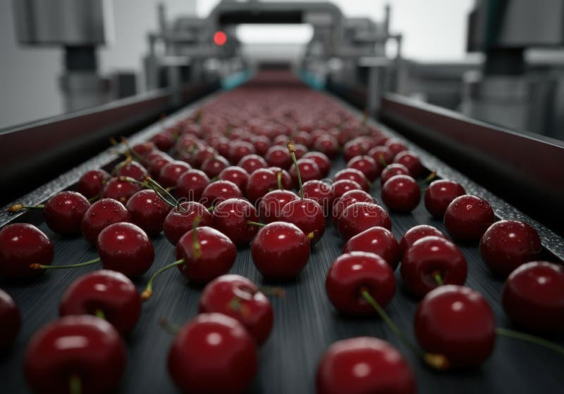 Fresh Cherries on a Conveyor Belt in a Processing Facility Stock Photo ...